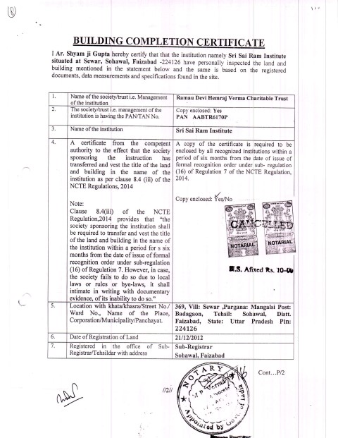 Building Completion Certificate – Sri Sai Ram Institute